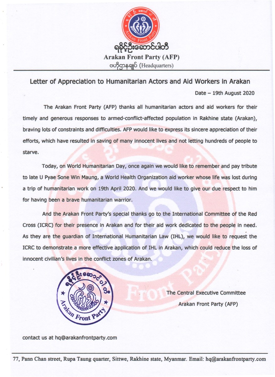 Letter of Appreciation to Humanitarian Actors and Aid Workers in Arakan ...